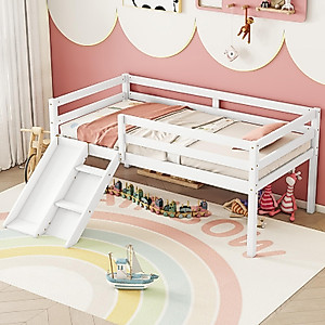 Toforo Twin Low Loft Bed for Kids with Slide and Ladder, Wood Loft Bed Frame with Safety Guardrail for Children, Teens, Boys or Girls, White