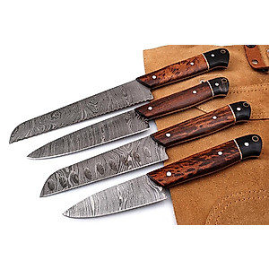 Professional Kitchen knife Custom Damascus Steel Chef knife 4 pcs of Utility BBQ knife| Cutlery set with Ross wood and Buffalo Horn Handle with Leather Roll Case, Overall 8.5 -13 inches