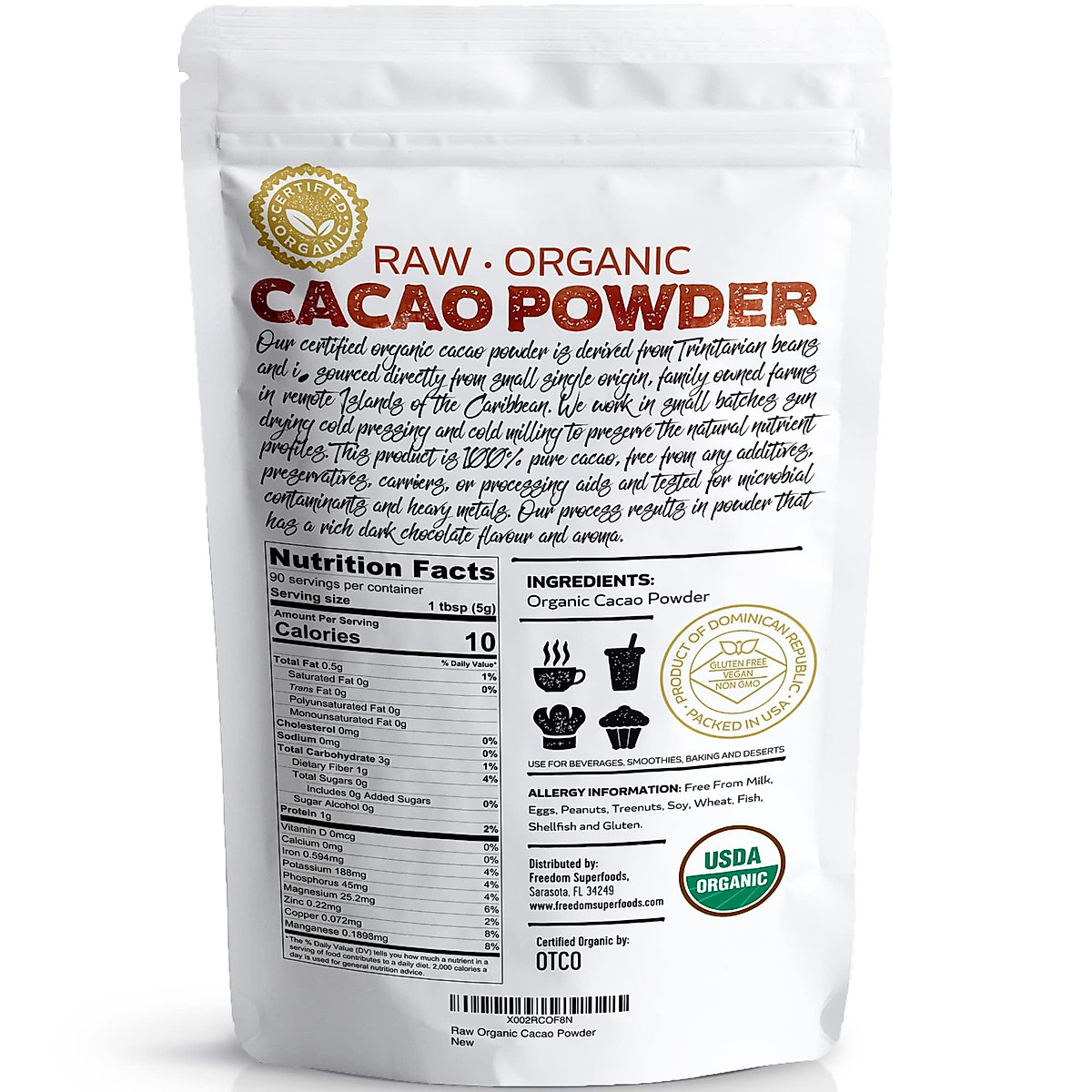 Cacao Powder Organic Raw - Natural Unsweetened Cocoa - Rich Dark Chocolate Taste - Make Sugar-Free, Vegan, Keto & Gluten-Free Hot Chocolate’s and Recipes - 1lb/ 16oz