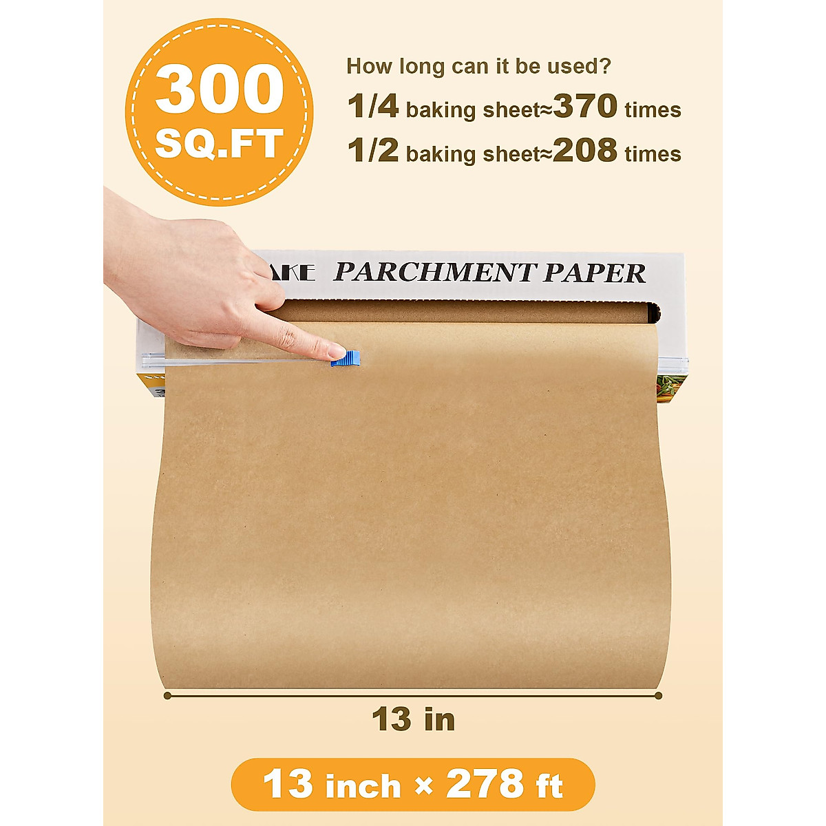 SMARTAKE Parchment Paper Roll for Baking, 13 in x 278 ft, 300 sq.ft, Non-Stick Baking Paper Sheets with Slide Cutter, Heavy Duty Extra Long, for Kitchen Baking Cooking Grilling Steaming, Unbleached