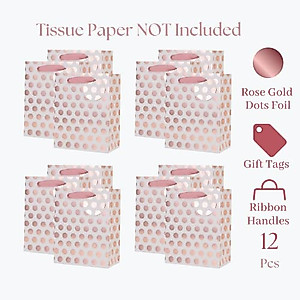 UNIQOOO 12PCS Christmas Metallic Rose Gold Gift Bags Bulk with Tag, Medium 9x7 Inch, Modern Pink Polka Dots Foil Paper Wrap Bags, for Wedding, Birthday, Valentine's Day, Mother's Day Gift Packaging Décor Party Favor