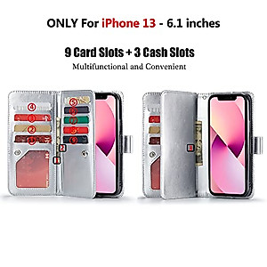 Varikke iPhone 13 Wallet Case, Glitter PU Leather with Card Holder, Detachable Cover, Kickstand & Strap - Silver