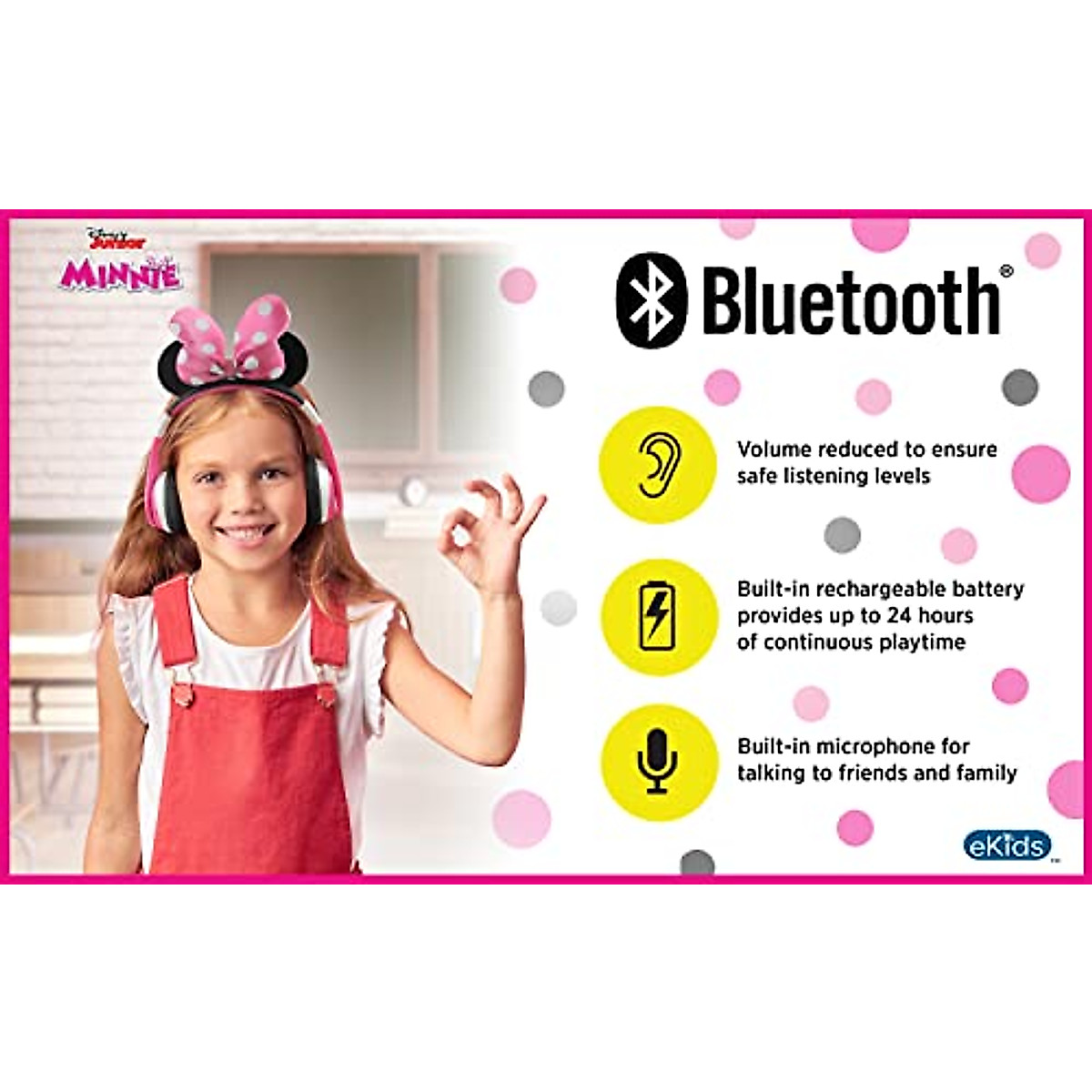 eKids Minnie Mouse Kids Bluetooth Headphones, Wireless Headphones with Microphone Includes Aux Cord, Volume Reduced Kids Foldable Headphones for School, Home, or Travel, Pink