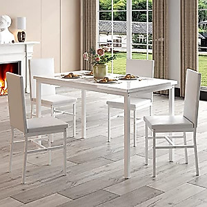 Hooseng Dining Table Set for 4, Space Saving Kitchen Table and Chairs for 4, 5 Pieces Faux Marble Dining Room Table Set with 4 PU Leather Chairs for Small Space, Living Room, Breakfast Nook, White