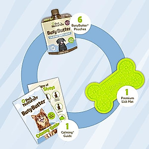 Pet Naturals Calm and Busy Pack with 6 Pouches of BusyButter Calming Peanut Butter and Premium Lick Mat with Suction Cups
