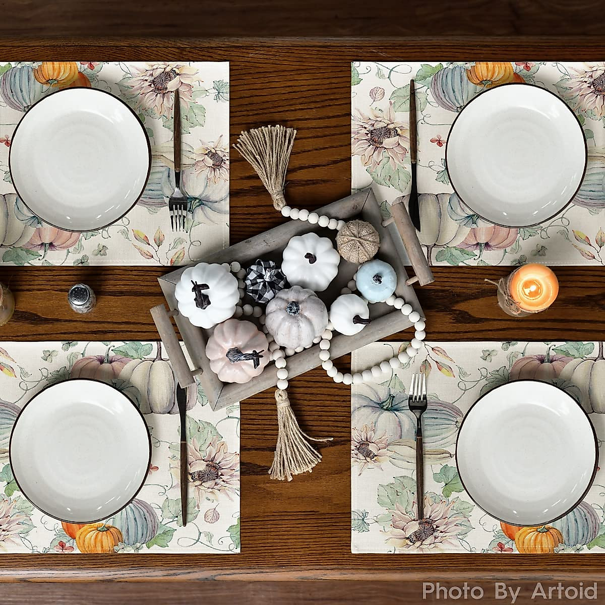 Artoid Mode Pumpkins Leaves Floral Fall Placemats Set of 4, 12x18 Inch Seasonal Autumn Thanksgiving Table Mats for Party Kitchen Dining Decoration