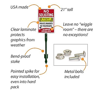 SmartSign “No Soliciting No Excuses - Private Property, No Trespassing, 24 Hour Surveillance” Sign for Lawn | 21” Tall Stake & Sign Kit