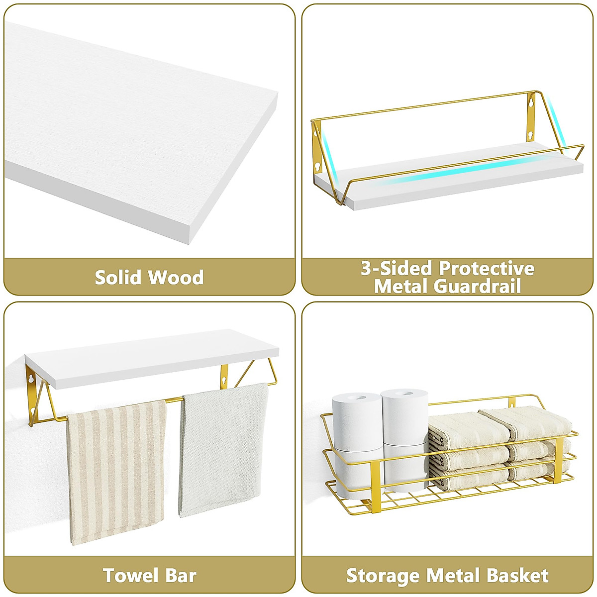 Love-KANKEI Floating Shelves Wall Mounted, Bathroom Shelves Over Toilet with Towel Bar,Wall Shelves with Storage Wire Basket, Wood Shelves for Bedroom Kitchen Living Room Books, Set of 3, White