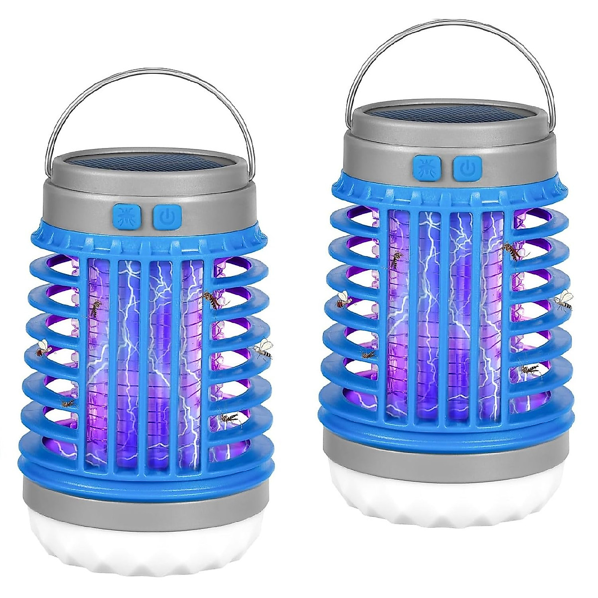 Solar Bug Zapper Outdoor Waterproof Mosquito Zapper for Patio Home Camping, 3 in 1 Cordless Mosquito Light Killer Portable Small Bug Zapper - Camping Light, Mosquito Killer, Flashlight - Blue, 2 PCS