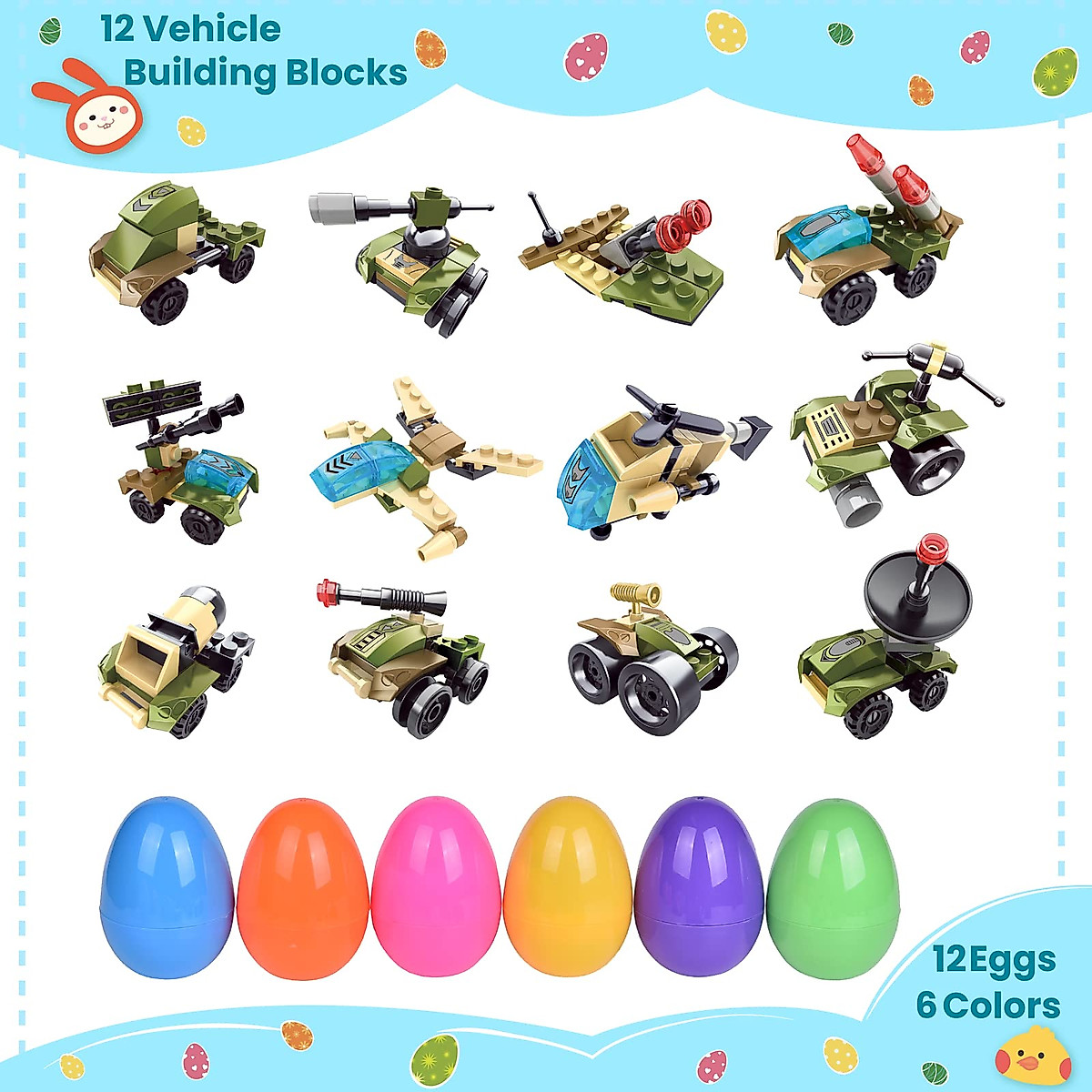 12 Pack Easter Eggs Prefilled with Vehicle Building Blocks, Military Buidling Toys for Easter Eggs Hunt, Easter Party Favors for Kids, Easter Basket Stuffers, Easter Gift Classroom Prizes
