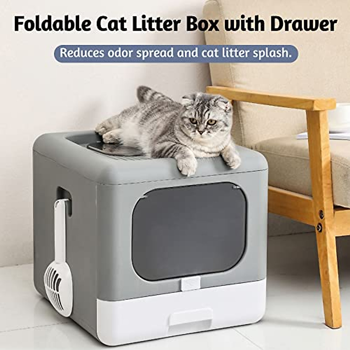 Fhiny Foldable Cat Litter Box with Lid, Enclosed Drawer Kitty Litter Pan Front and Top Entry Door Cat Potty with Plastic Scoop Anti-Splashing No Smell Easy to Scoop
