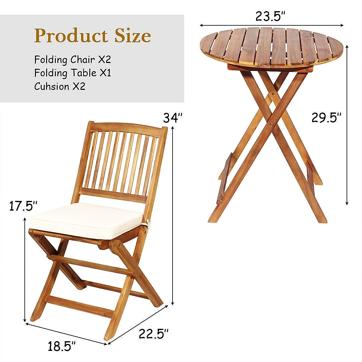 Tangkula 3 PCS Patio Folding Bistro Set, Outdoor Acacia Wood Chair and Table Set w/Padded Cushion& Round Coffee Table, Ideal for Indoor Patio Poolside Garden (Cream)