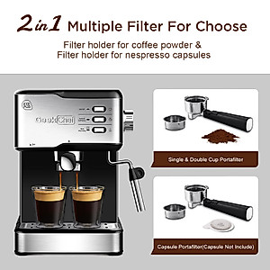 Geek Chef Espresso Machine Coffee Machine 20 Bar Pump Cappuccino latte Maker with ESE POD capsules filter&Milk Frother Steam Wand, 1.5L Water Tank, for Home Barista, Stainless steel 950W