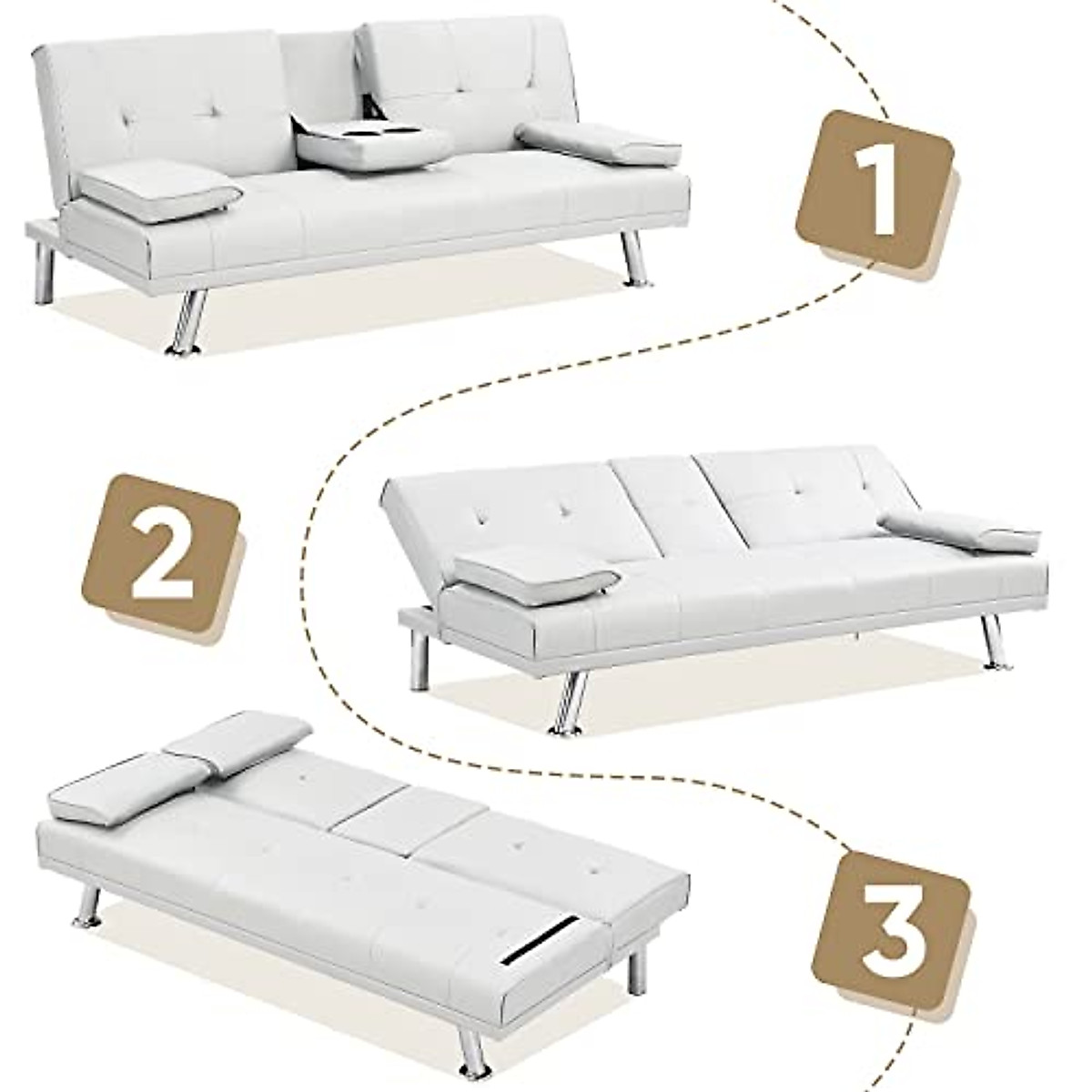 Antetek Futon Sofa Bed, Modern Convertible Upholstered Faux Leather Loveseat Sleeper Sofa Couch w/5 Adjustable Positions, Cup Holder for Living Room, Bedroom, Studio, Office, White