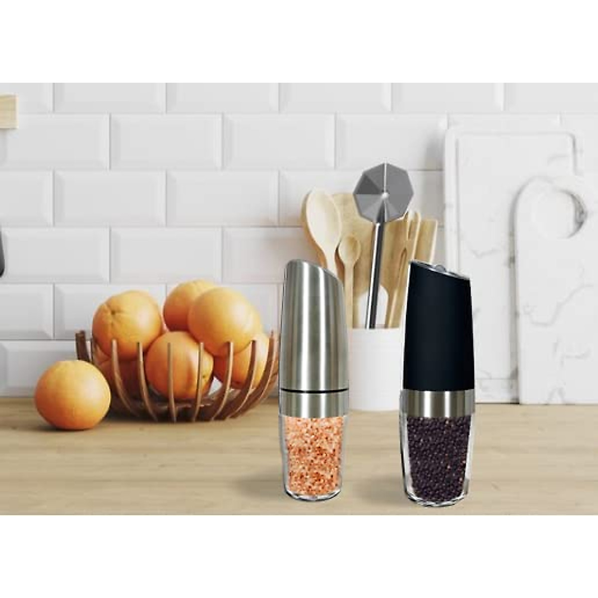 Admired By Nature Electric Salt and Pepper Grinder, Battery-Operated with Adjustable Coarsenessa, Blue LED light and Automatic one handed grinder, ABN5M009-SLVR, Silver