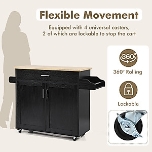 COSTWAY Kitchen Island Cart, Rolling Storage Trolley Cart with Lockable Rubber Wheels, Large Cabinet, Drawer, Spice Rack and Towel Rack, Kitchen Serving Utility, 3-Position Adjustable Shelf (Black)