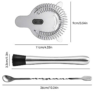 SENHAI Stainless Steel Cocktail Muddler, Spiral Mixing Spoon & 4-Prong Bar Strainer, Home Bar Bartender's Muddling Tool Set