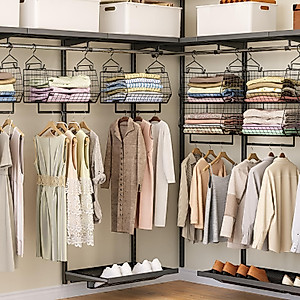 Yociyoga 2 Tier Closet Hanging Organizer with Rod, Foldable Hanging Closet Organizer, Hanging Closet Shelves with 4 Hooks,Wire Hanging Storage Basket Bins for Clothing Sweater Socks Bag Wardrobe Black