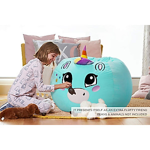 Aubliss Stuffed Animal Storage, Velvet Bean Bag Chairs Cover, X-Large 38" Ultra Soft Kids Toy Storage Organizer for Toys Blankets Towels Clothes, Cyan Big Eyes