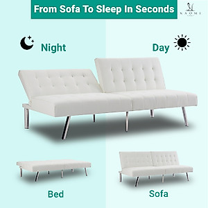 Naomi Home Tufted Split Back Futon Sofa Bed, Faux Leather Couch Bed, Futon Convertible Sofa Bed with Chrome Legs, Folding, Reclining Small Convertible Couch, Futon Couches for Living Room White