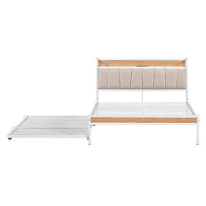 Full Size Platform Bed with Trundle, Metal Full Platform Bed Frame with Upholstered Headboard, Sockets, USB Ports and Slat Support, No Box Spring Needed, White