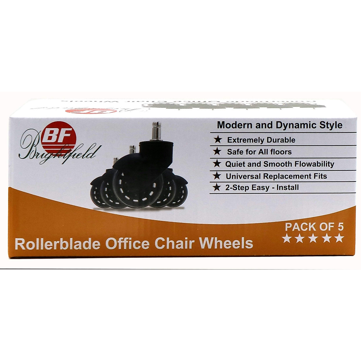 BF BRIGHTFIELD Office Chair Caster Wheels Set of 5 Swivel Vertical Axle Heavy Duty & Safe for All Floors Including Hardwood 3" Rubber Replacement for Desk Floor Mats