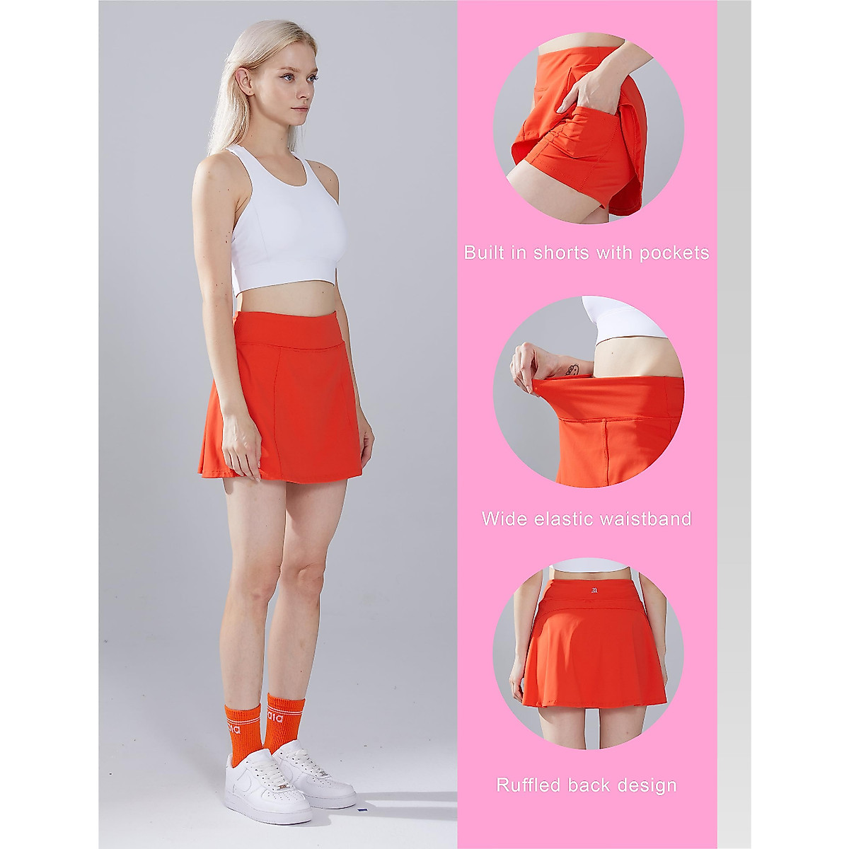 1a1a Tennis Skirts for Women with Shorts Pockets High Waisted Tummy Control Golf Skorts Skirt Athletic Workout Sports Gym Exercise Short Skirt Skort Orange Small