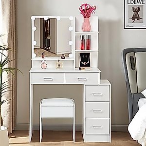 Buildonely Hollywood Girls Vanity Set with 5 Storage Drawers, Makeup Table Set with Wide Desktop and Cushioned Stool, Dressing Desk White Vanity Mirror with Lights for Bedroom