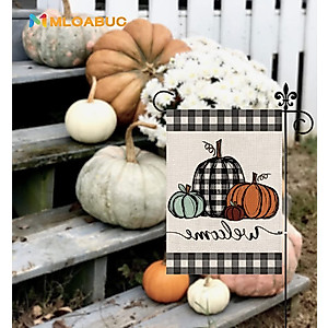 Mloabuc Fall Pumpkins Garden Flag Autumn Welcome Thanksgiving Buffalo Check Fall Yard Flag Farmhouse Double Sided Lattice Vertical Outdoor Decor 12 x 18 In