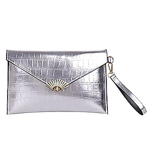 Women Wallet Fashion Alligator Pattern Envelope Clutch Handbag Solid Evening Bag, Silver, 21 x 18 x 5cm
