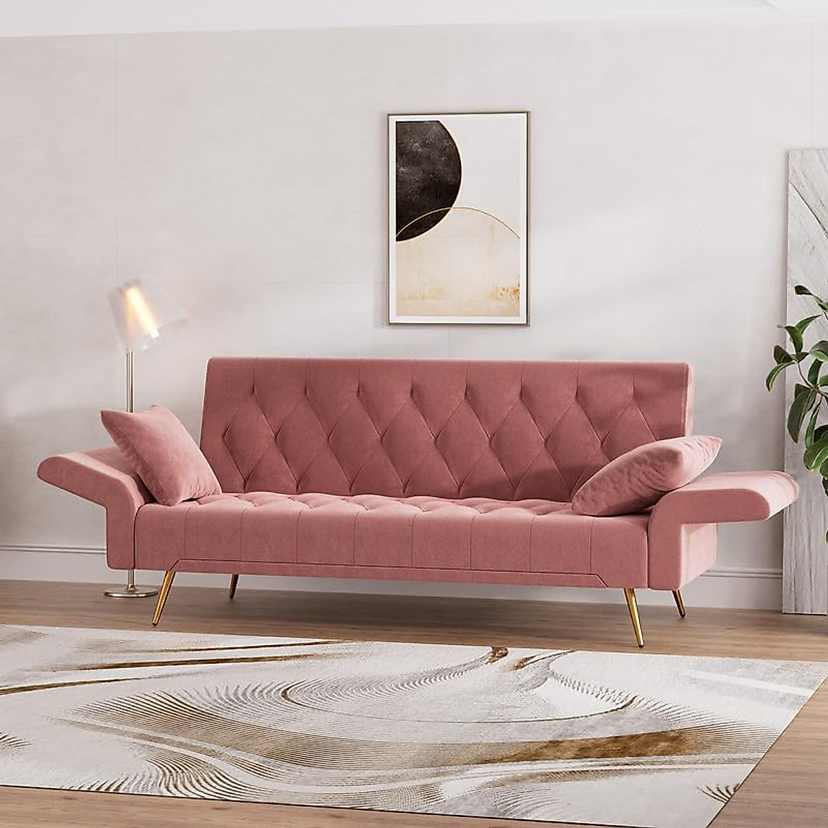 DAMAIFROM 71" Velvet Couch, Futon Sofa Bed, Sleeper Sofa with Adjustable Back, Loveseat,Mid Century Modern Couches with Folding Armrests for Living Room, Bedroom,Small Spaces (Rose Pink)