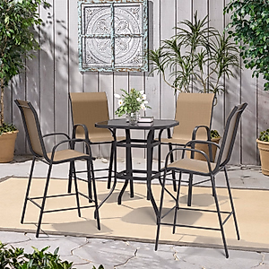 Amopatio 5 Piece Patio Bistro Set with 4 Bar Chairs and Glass Table, All-Weather Textilene Patio Bar Stools, Sturdy Outdoor High Top Table and Chairs for 4 for Backyard, Porch, Balcony, Brown