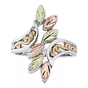 Fancy Bypass Scrollwork Ring, 10k Yellow Gold, Sterling Silver, 12k Green and Rose Gold Black Hills Gold Motif, Size 7