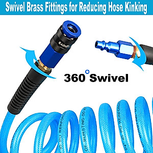 EADUTY Heavy Duty Reinforced Polyurethane Recoil Air Hose 1/4 in x 10 ft, Lightweight, Flexible Compressor Hose with Universal Quick Coupler, Plug and Bend Restrictors, Blue