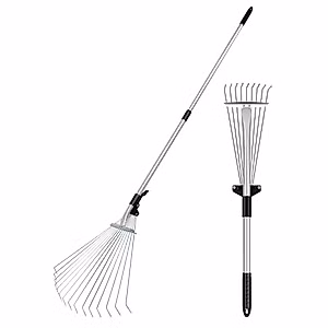 Decorlife 2-Pack Adjustable Yard Rake Set, Include 15-Tine 63" Rake and 9-Tine 30" Rake, Extendable Handle and Adjustable Head, Multipurpose Garden Leaf Rake Kit