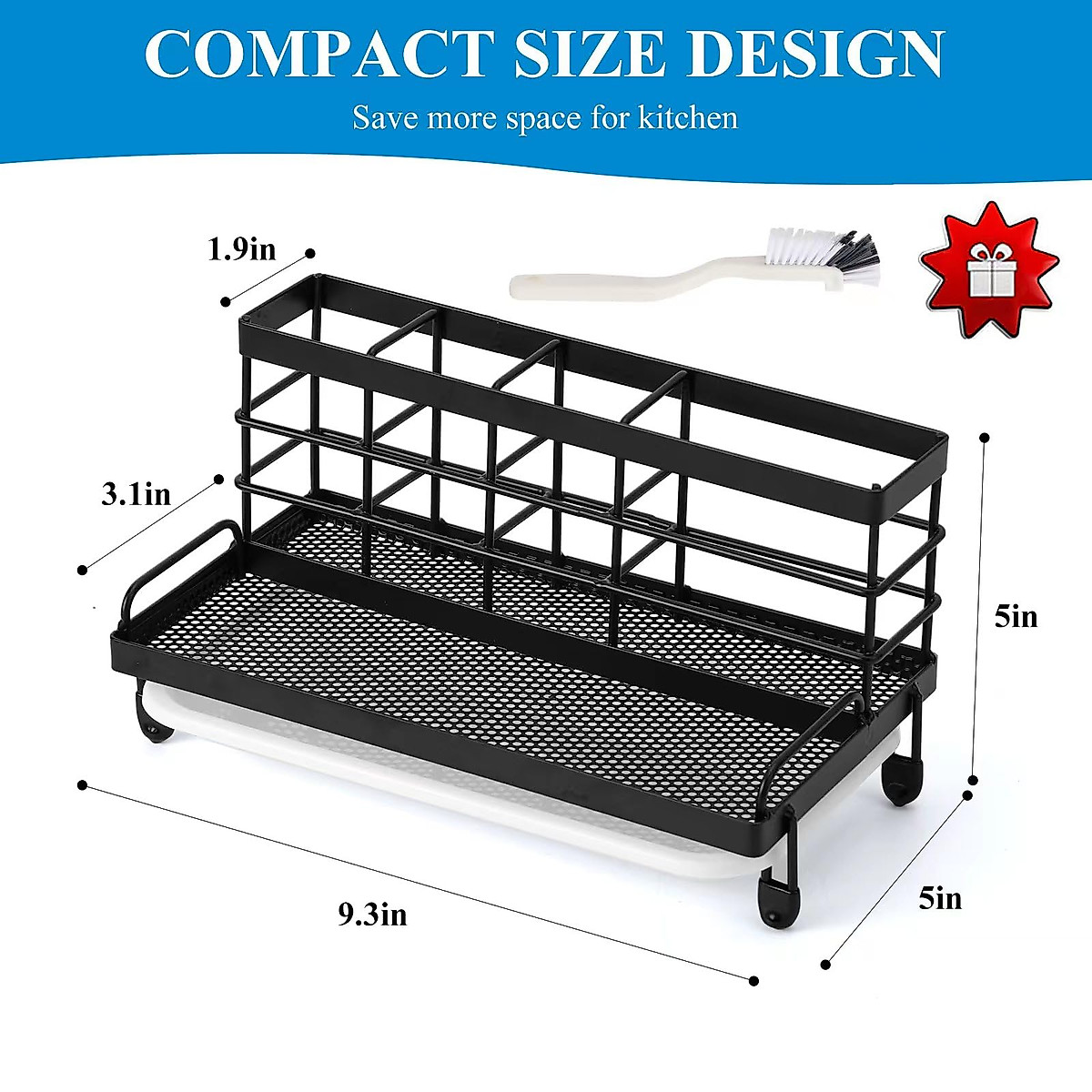 XG Glitter Sponge Holder for Kitchen Sink, Non-Slip Ktichen Sink Caddy Organizer, Bathroom Storage Organizer for Brush, Soap, Toiletries, Rustproof, Easy to Clean, Kitchen Bathroom Accessories - Black