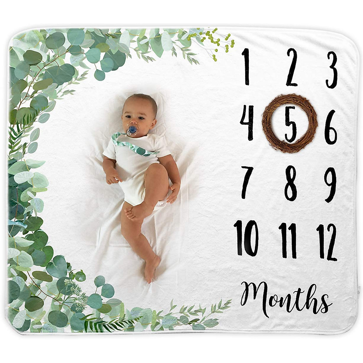 Baby Monthly Milestone Blanket | Includes Wooden Wreath and Pacifier Clip | 1 to 12 Months | Premium Extra Soft Fleece | Best Photography Backdrop Prop for Newborn Boy & Girl