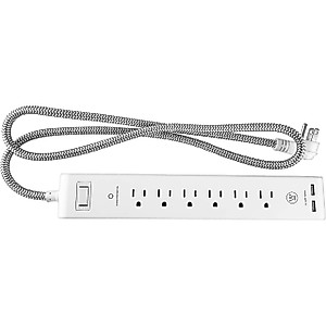 Westinghouse 96021 Strip 6-Outlet 2-USB 900 Joule Surge Protector with Fabric Braided Tangle Free Cord, White