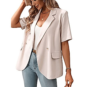 SweatyRocks Women's Casual Lapel Neck Pocket Blazer Short Sleeve Button Down Work Office Blazer Jacket Apricot S