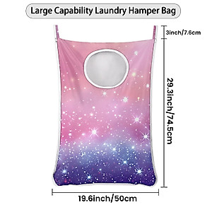 Xosoxruk Pink Purple Glitter Hanging Laundry Hamper Bag, Over the Door Laundry Basket with Hooks, Foldable Wall Hanging Laundry Bag, Hanging Hamper for Laundry Bathroom