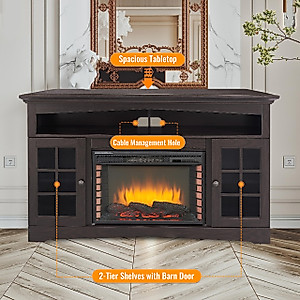 VETUZA 59" TV Stand with 26" Electric Fireplace, Wood TV Stand Entertainment Center with Storage, Fits up to 65" TV