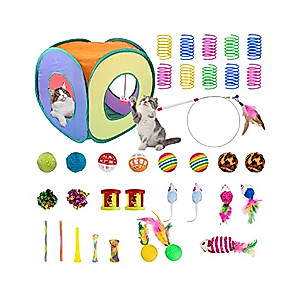 Cat Toys Set 36 PCS, Cat Toys Kitten Toys Interactive Cat Toys for Indoor Cats Collapsible Cat Tunnels Cat Feather Teaser Wand Feather Toy Springs Mouse Crinkle Balls Bell Play for Cat Kitty Kitten