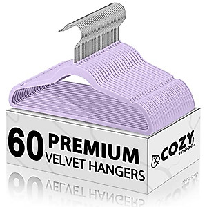 Cozymood Purple Velvet Hangers Felt Hangers 60 Pack, Thin Hangers Non Slip Clothes Hangers Velvet, Premium Flocked Hangers with 360 Degree Rotatable Hook, Durable Velvet Shirt Hangers for Adult