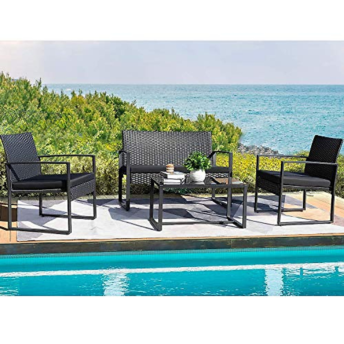 Tuoze 4 Pieces Patio Furniture Set Outdoor Patio Conversation Sets Modern Porch Furniture Lawn Chairs with Glass Coffee Table for Home Garden Backyard Balcony (Black)