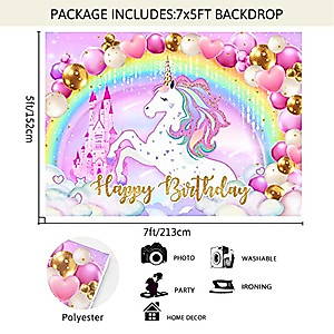 Unicorn Backdrop, Unicorn Photo Backdrops for Girls Birthday Photography 7x5ft, Rainbow Castle Pink Birthday Back Drops Background Banner Decorations for Girls Party Supplies Baby Shower Pictures
