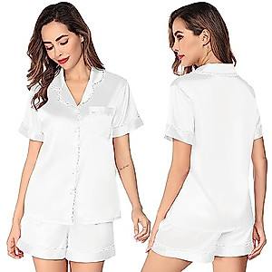 SWOMOG Mommy and Me Pajamas Womens Pajama Sets Satin Silk Pjs 2 Piece Short Sleeves Lace Lounge Shorts Button Up Pj Sleepwear White