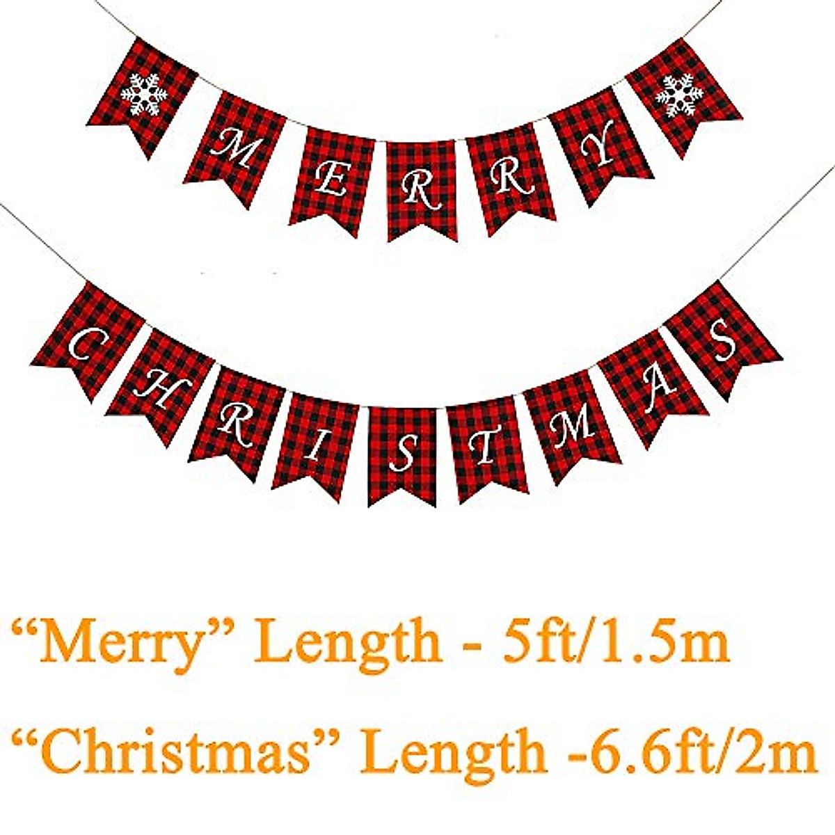 Jolik Merry Christmas Banner with Two Snowflake Flags - Buffalo Plaid Banner Decoration for Fireplace Wall Tree Christmas Decoration