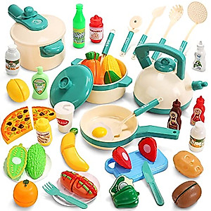 CUTE STONE 40PCS Kids Play Kitchen Accessories, Play Cooking Toys with Pots and Pans, Cutting Play Food Set and Cookware Utensils Kids Kitchen Playset for Boys Girls