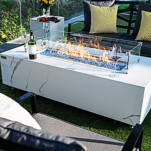 Elementi Plus Carrara Natural Gas Fire Pit Outside Outdoor Fire Pit Table Smokeless Firepit Marble Porcelain Rectangular Fire Table Patio Heater Fireplace 60000 BTUs - Bianco White, 59.8 x 28 Inches