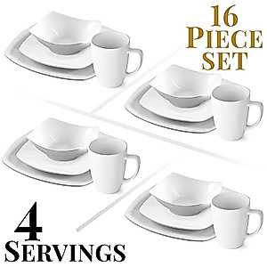 Zulay (16 Piece) Square Dinnerware Sets -Premium Quality Porcelain Plates Set & Dishes Set - Service For 4 Dishware Sets With 4 Plates, 4 Side Plate, 4 Soup Bowl, 4 Square Mug & 2 Silver Sponges